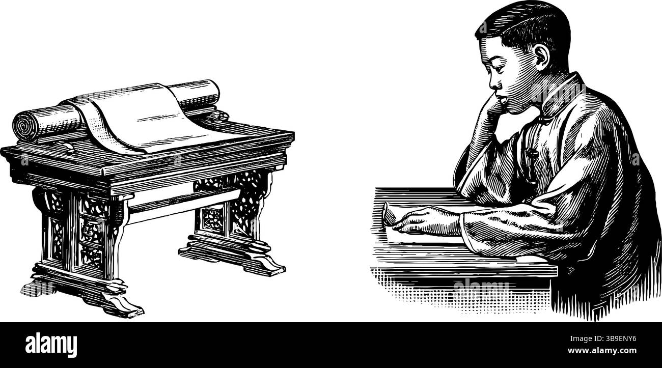 Traditional chinese student with scroll on school desk: cultural ...