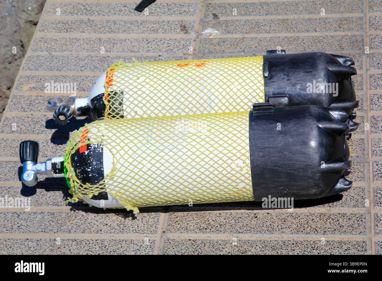 Two compressed air bottles, oxygen bottles for divers on the quay Stock ...