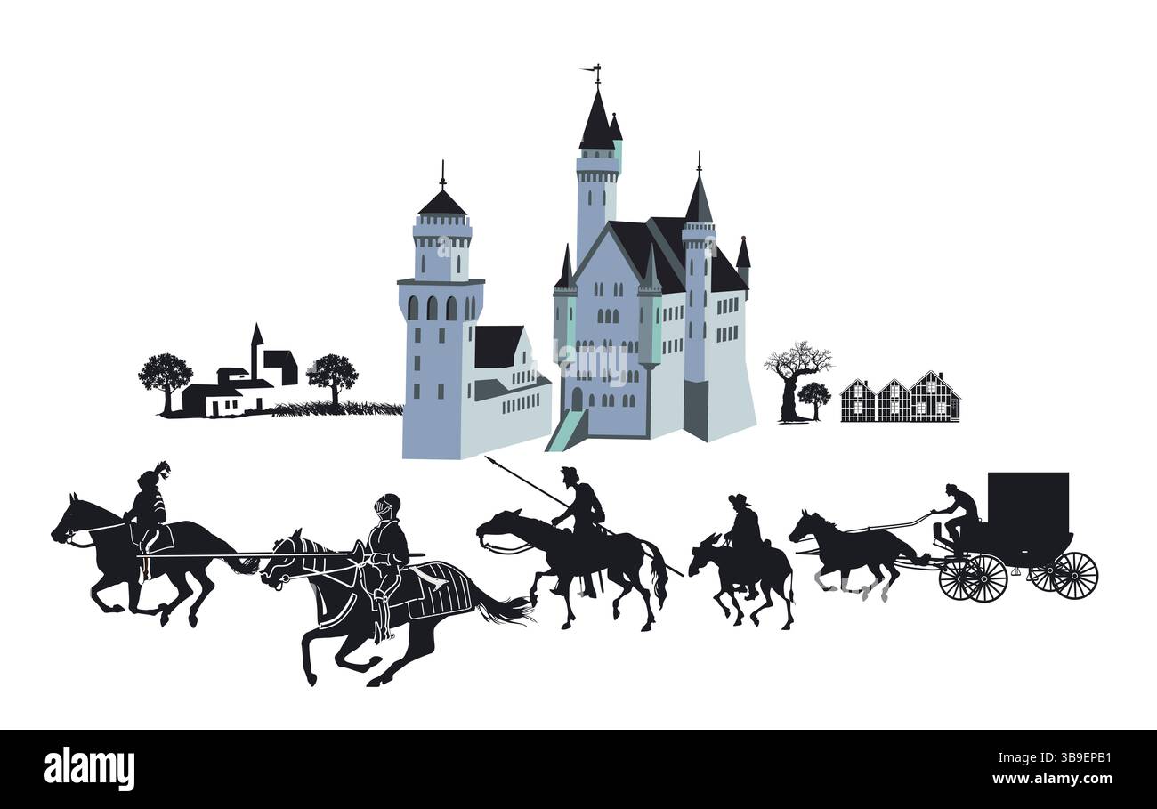 Knight's castle with knight and carriage, illustration Stock Photo - Alamy