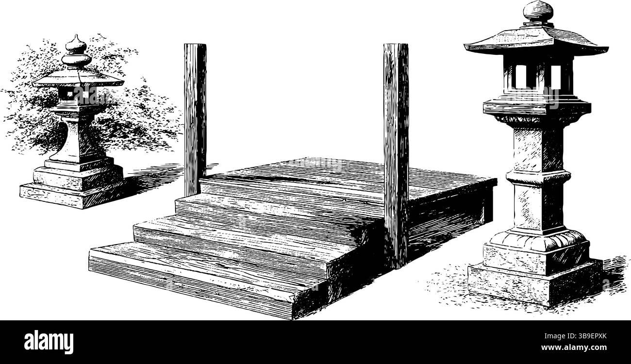 Engraved illustration of traditional japanese shrines and lanterns for ...