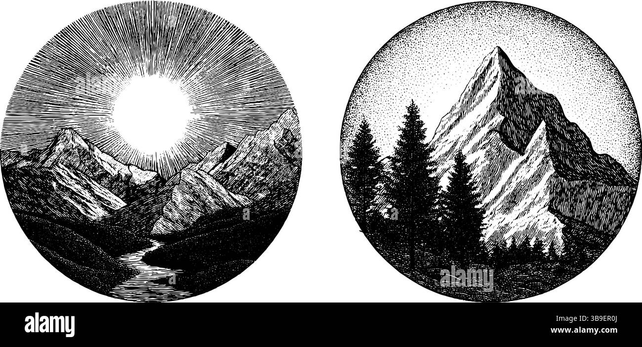 Engraved mountain landscape with sunburst and pine trees for design and ...