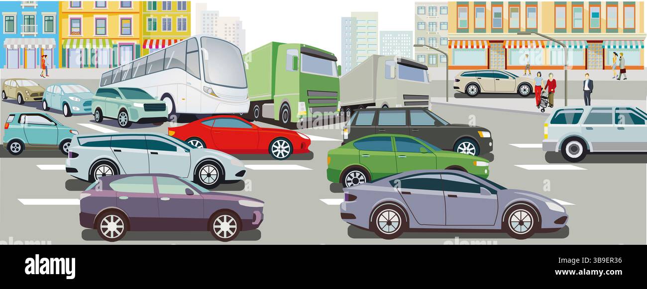 Car on the crossroads in traffic jam illustration Stock Photo - Alamy