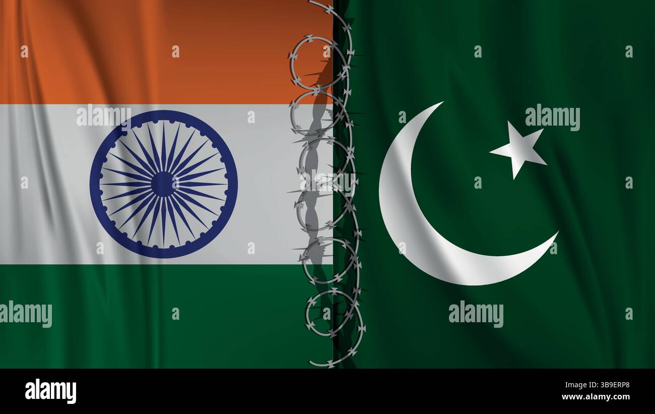 India Pakistan Flags with Barbed Wire Border Separation , India vs ...