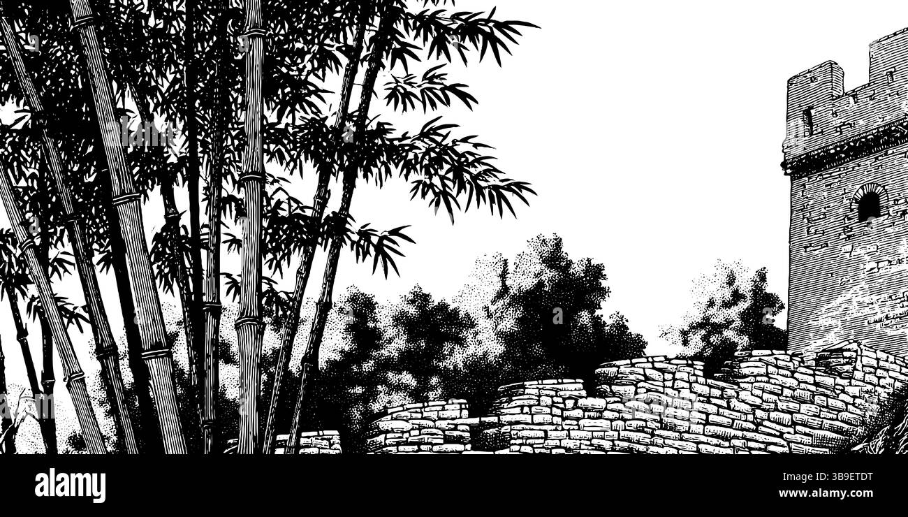 Intricate engraved illustration featuring castle turret and stone wall ...