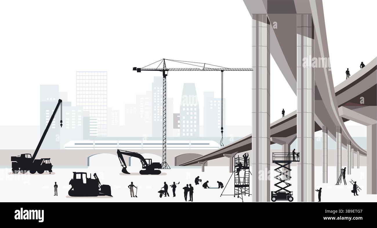 Road and bridge construction site with construction workers ...