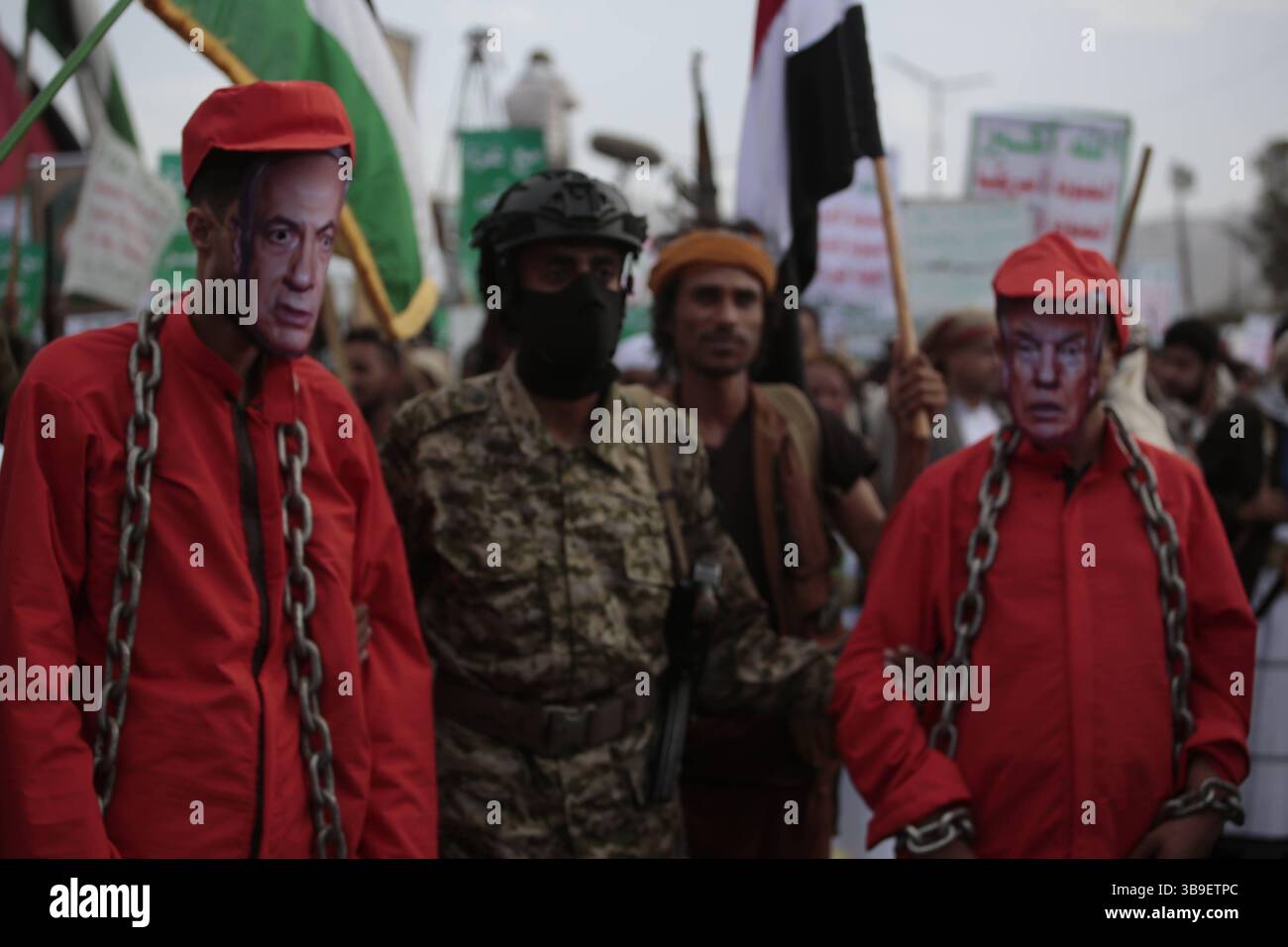 Houthi supporters protest against the US and Israel in Sana a Houthi ...