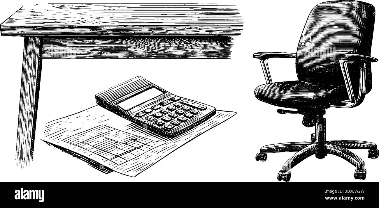 Engraved illustration set featuring accountant tools and office scenes ...