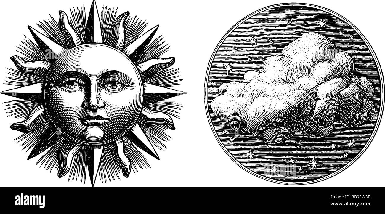 Vintage solar and cloud engraving art for nature designs and prints ...