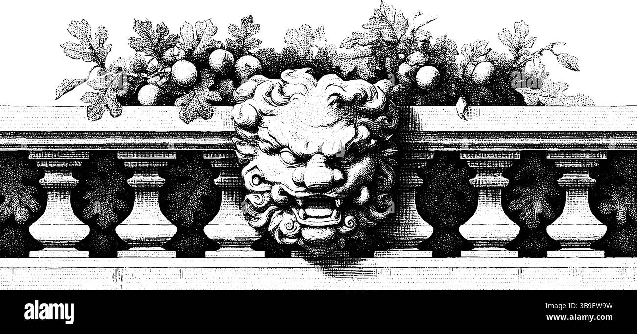 Engraved classic bridge railing design with ornamental lion head motif ...