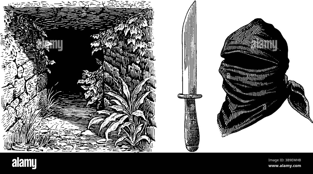 Engraved illustration set featuring hidden blade and masked scene for ...