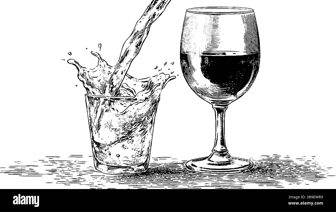 Engraved illustration of spritzer pour and wine glass for beverage ...