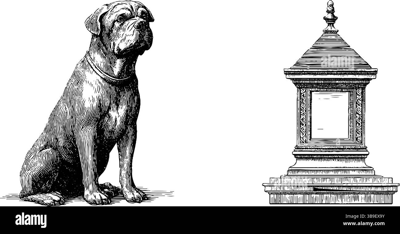 Engraved illustration of guardian dog and ornate roof structure for ...