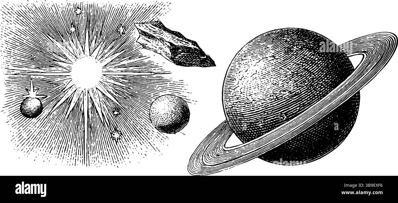 Vintage celestial illustration: meteor and stars engraving for artistic ...