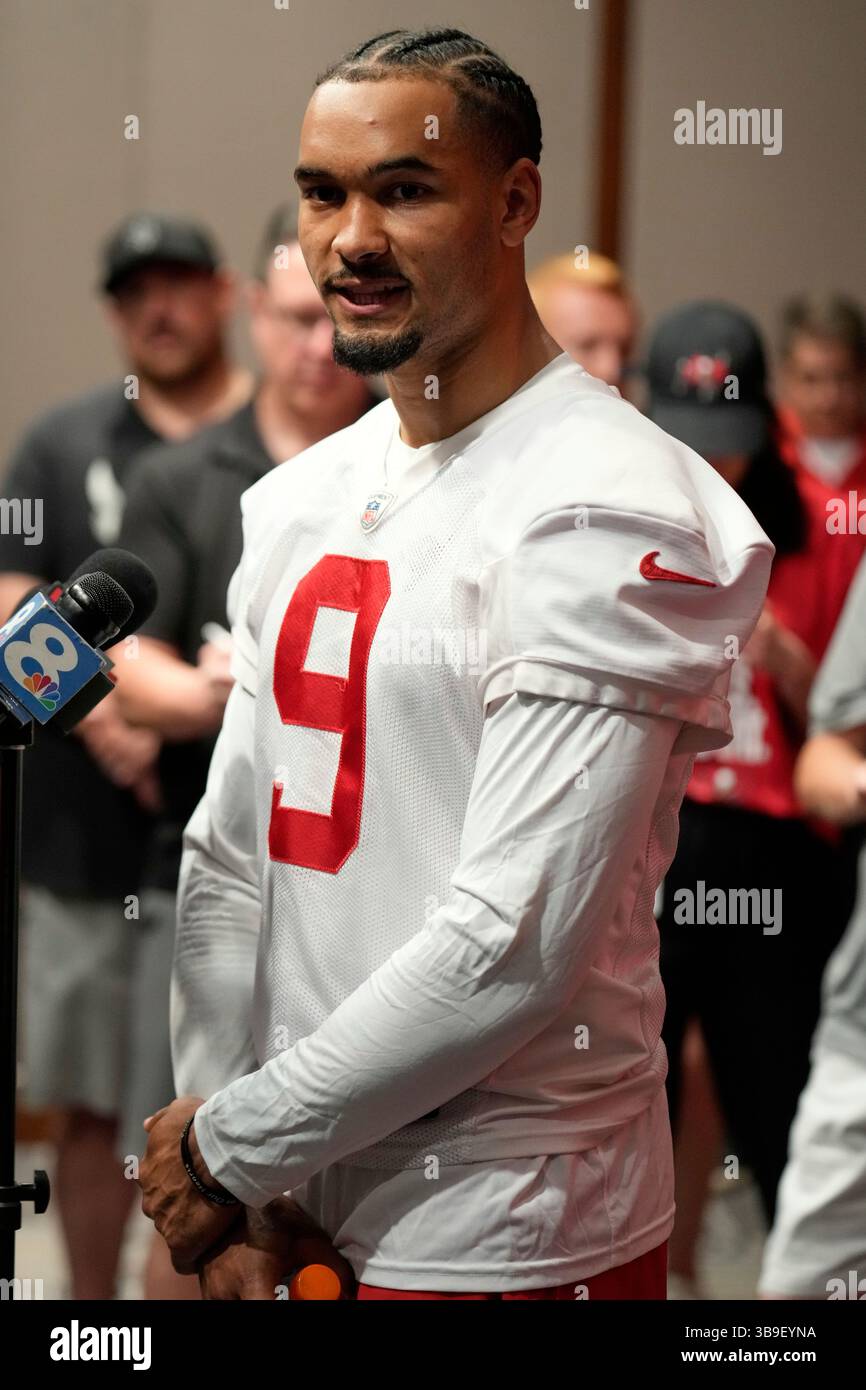 Tampa Bay Buccaneers first-round draft pick Emeka Egbuka speaks to the media before the NFL ...