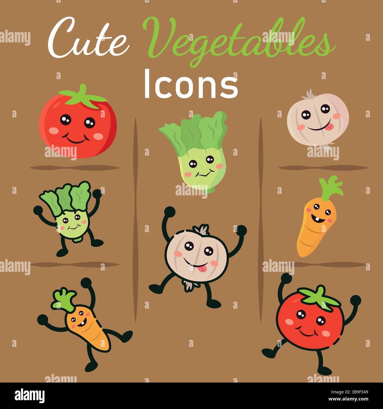 Cute cartoon vegetable icons with happy faces Vector illustration Stock ...