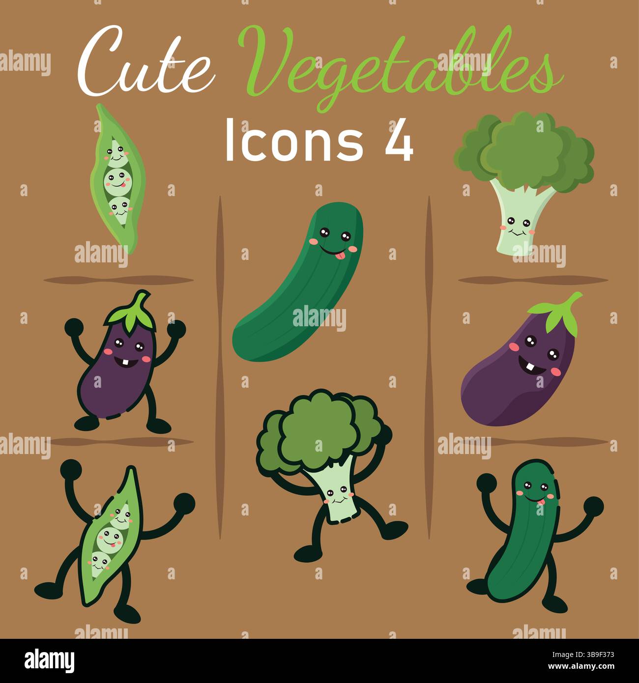 Cute cartoon vegetable icons with happy faces Vector illustration Stock ...