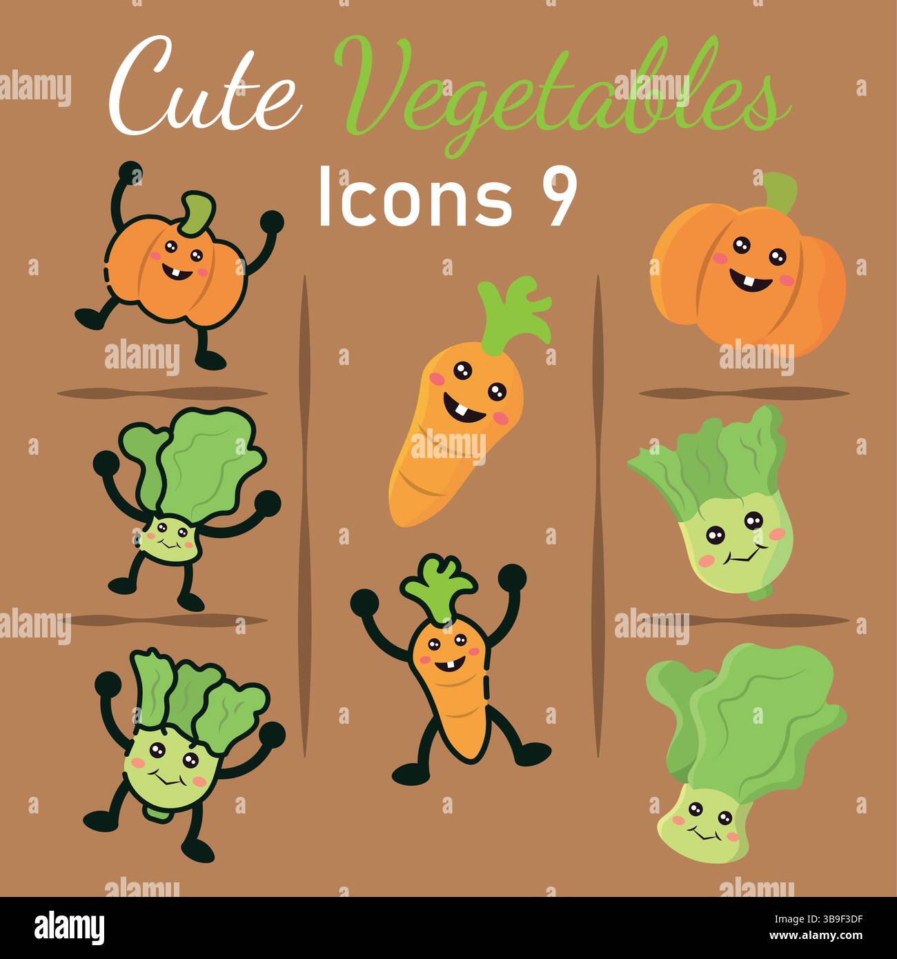 Cute cartoon vegetable icons with happy faces Vector illustration Stock ...