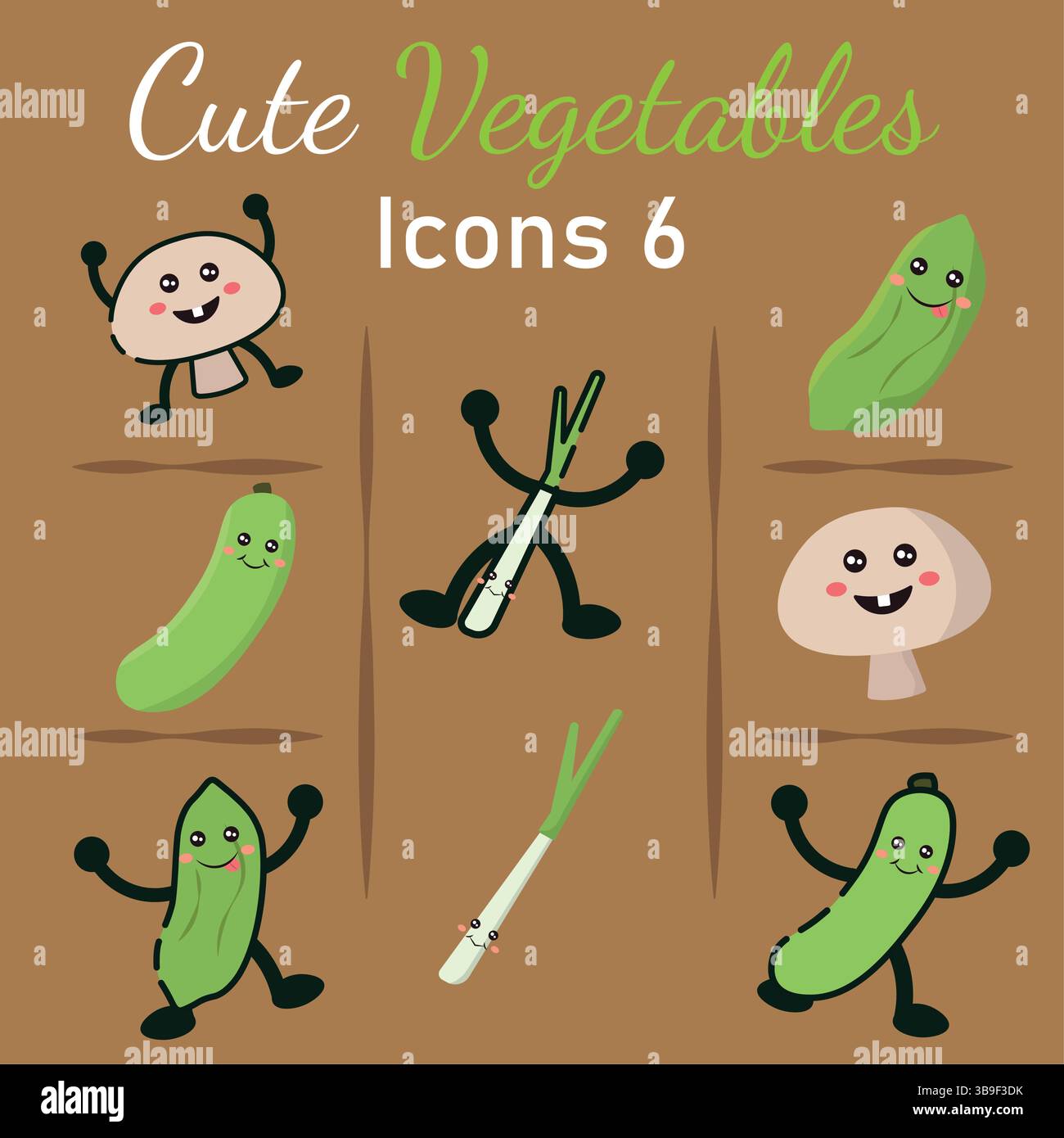 Cute cartoon vegetable icons with happy faces Vector illustration Stock ...