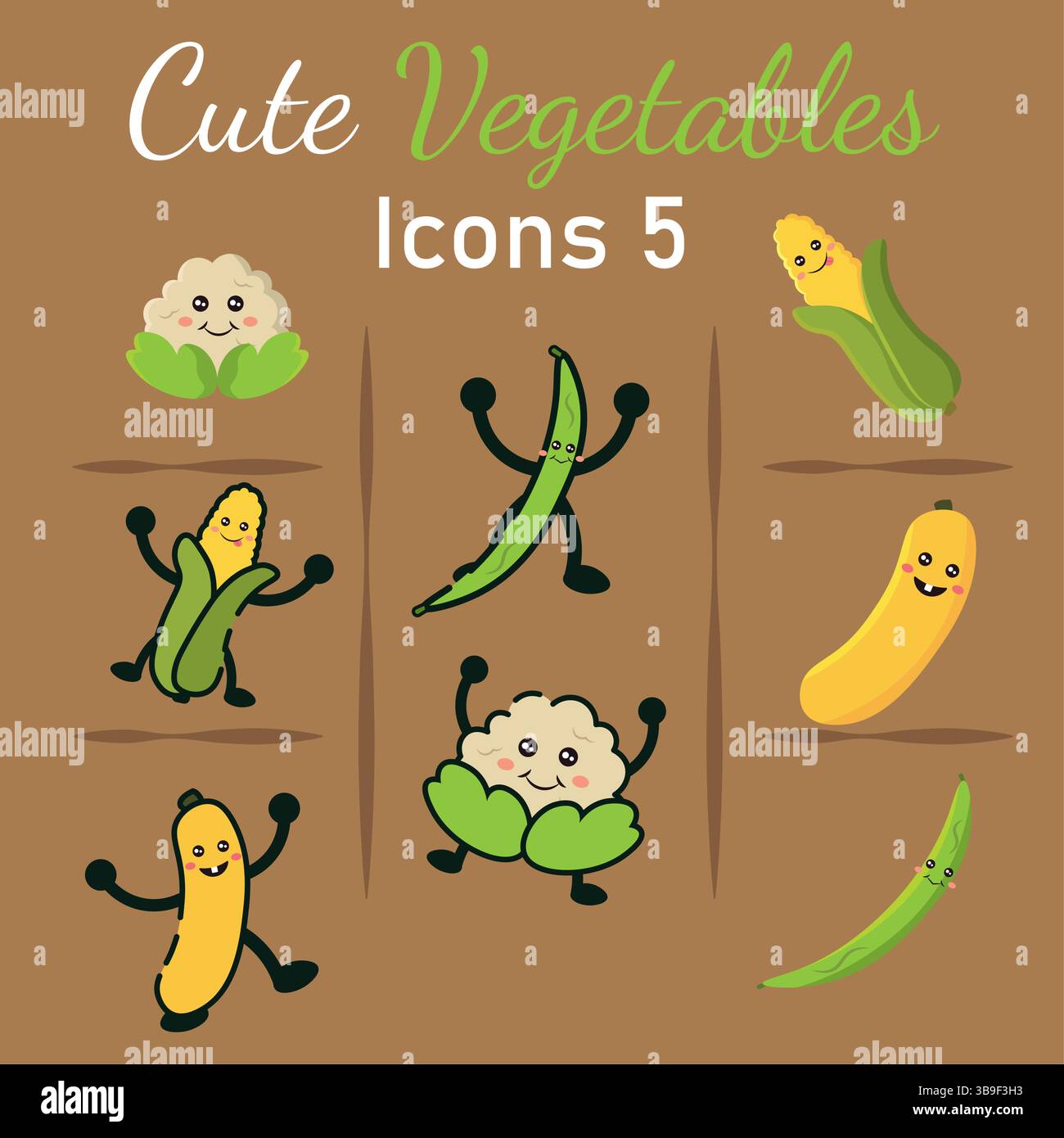Cute cartoon vegetable icons with happy faces Vector illustration Stock ...