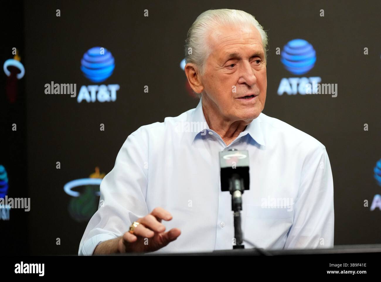 FILE - Miami Heat president Pat Riley speaks during an NBA basketball ...