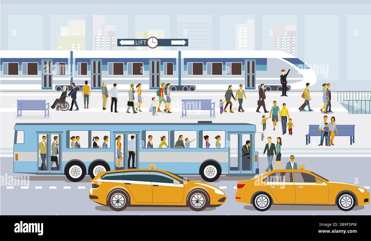 Bus stop with station and express train with passengers illustration ...
