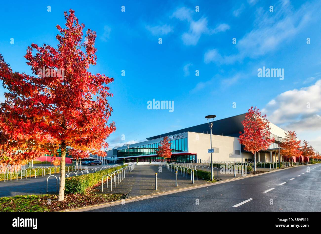 The large EWE Arena in Oldenburg with tulip trees in autumn colours ...