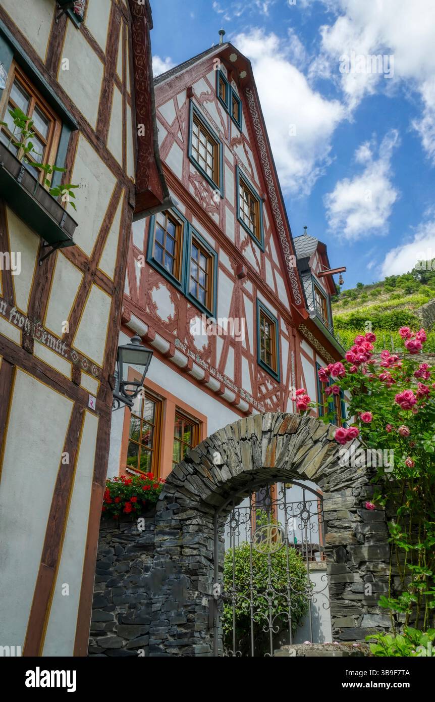 Historic half timbered houses and gate in bacharach hi-res stock ...