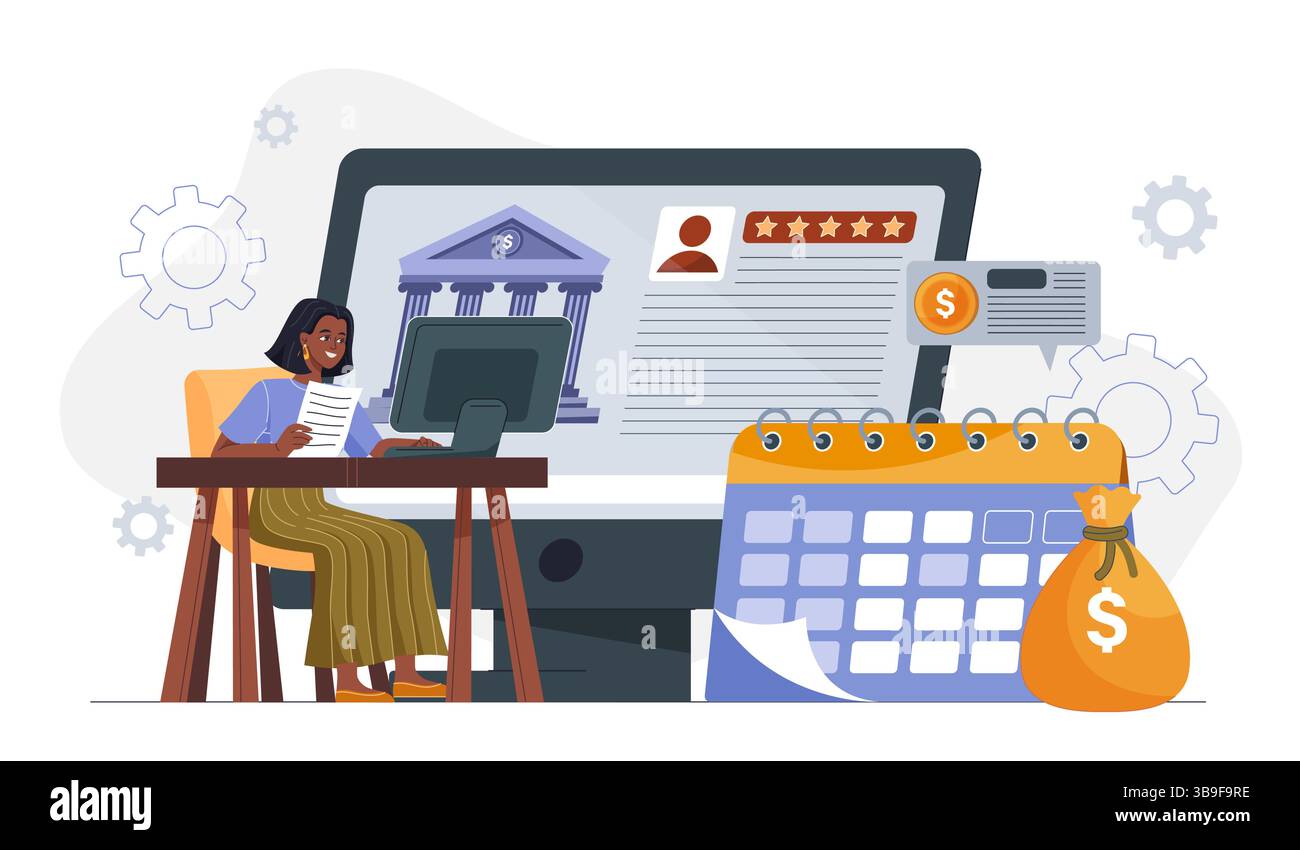 Woman managing online financial account. Vector illustration Stock ...