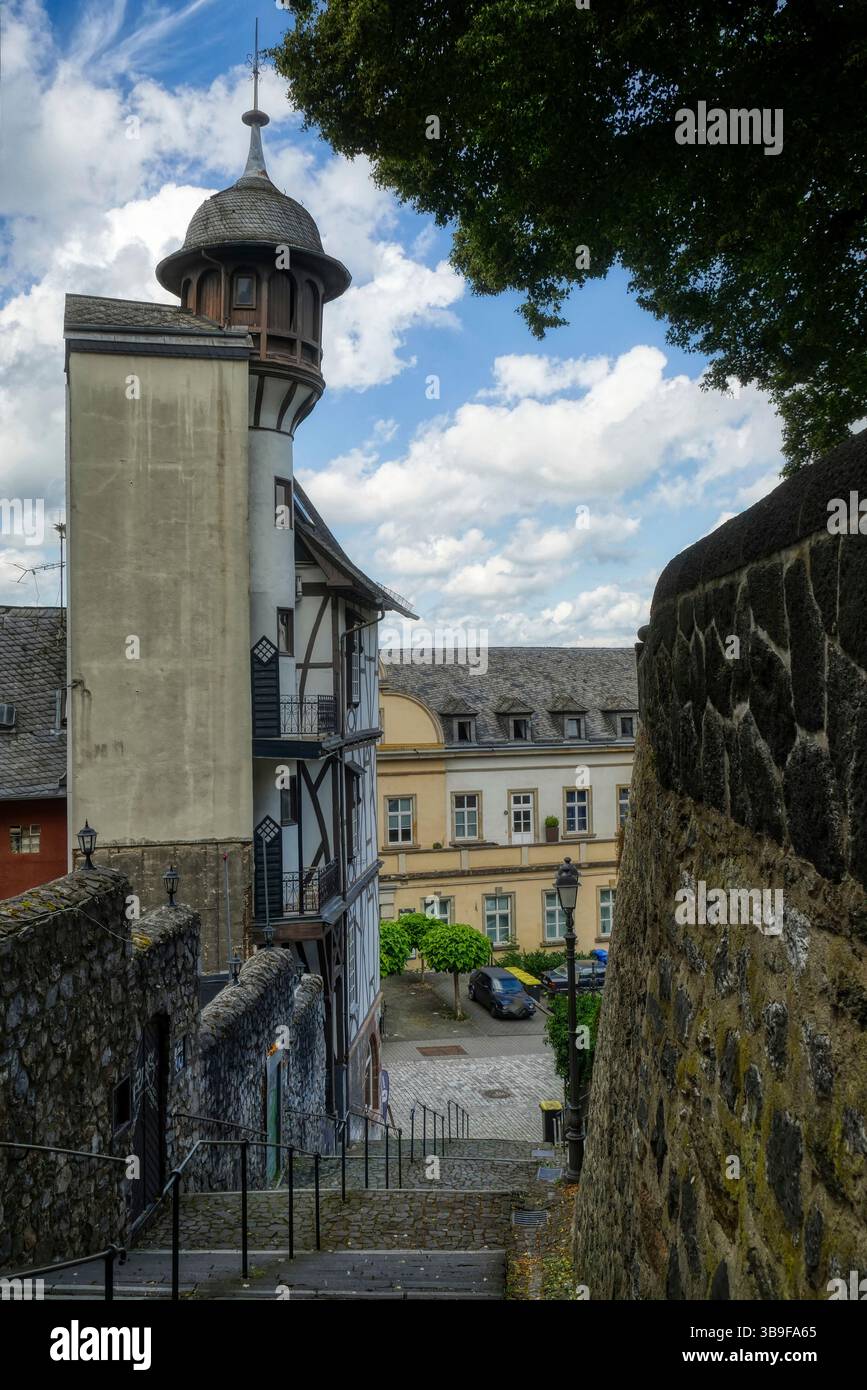 Historic half-timbered house with tower and staircase in Wetzlar Stock ...