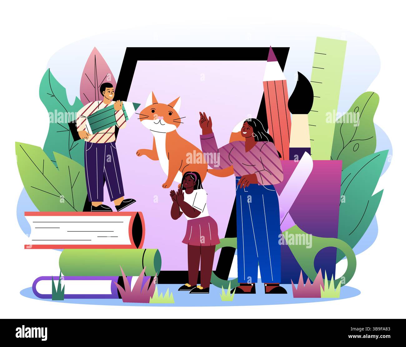 Kids learning with tablet and cat scene. Vector illustration Stock ...