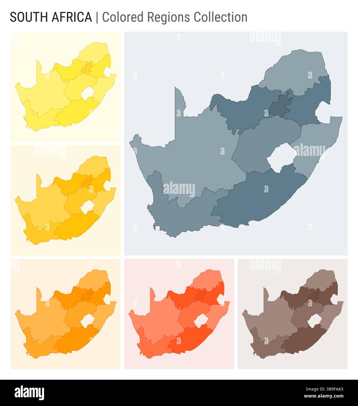 South Africa map collection. Country shape with colored regions. Blue ...