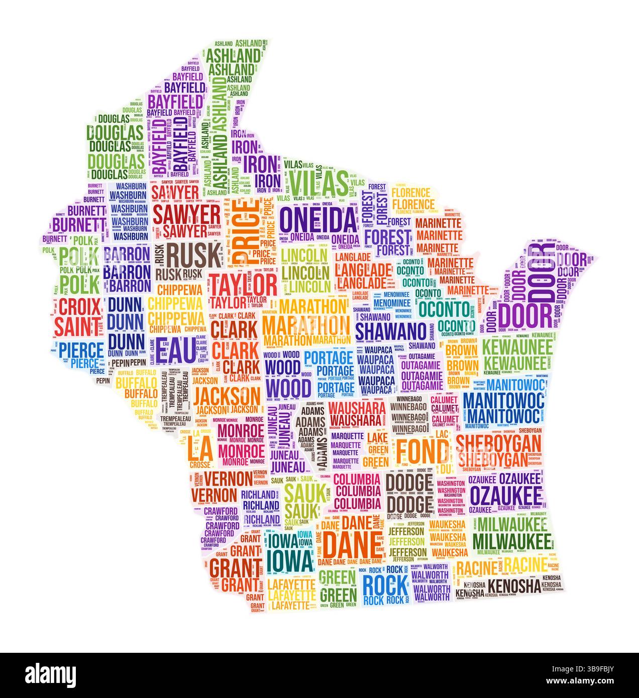 Wisconsin county word cloud. State shape design. Wisconsin colored ...
