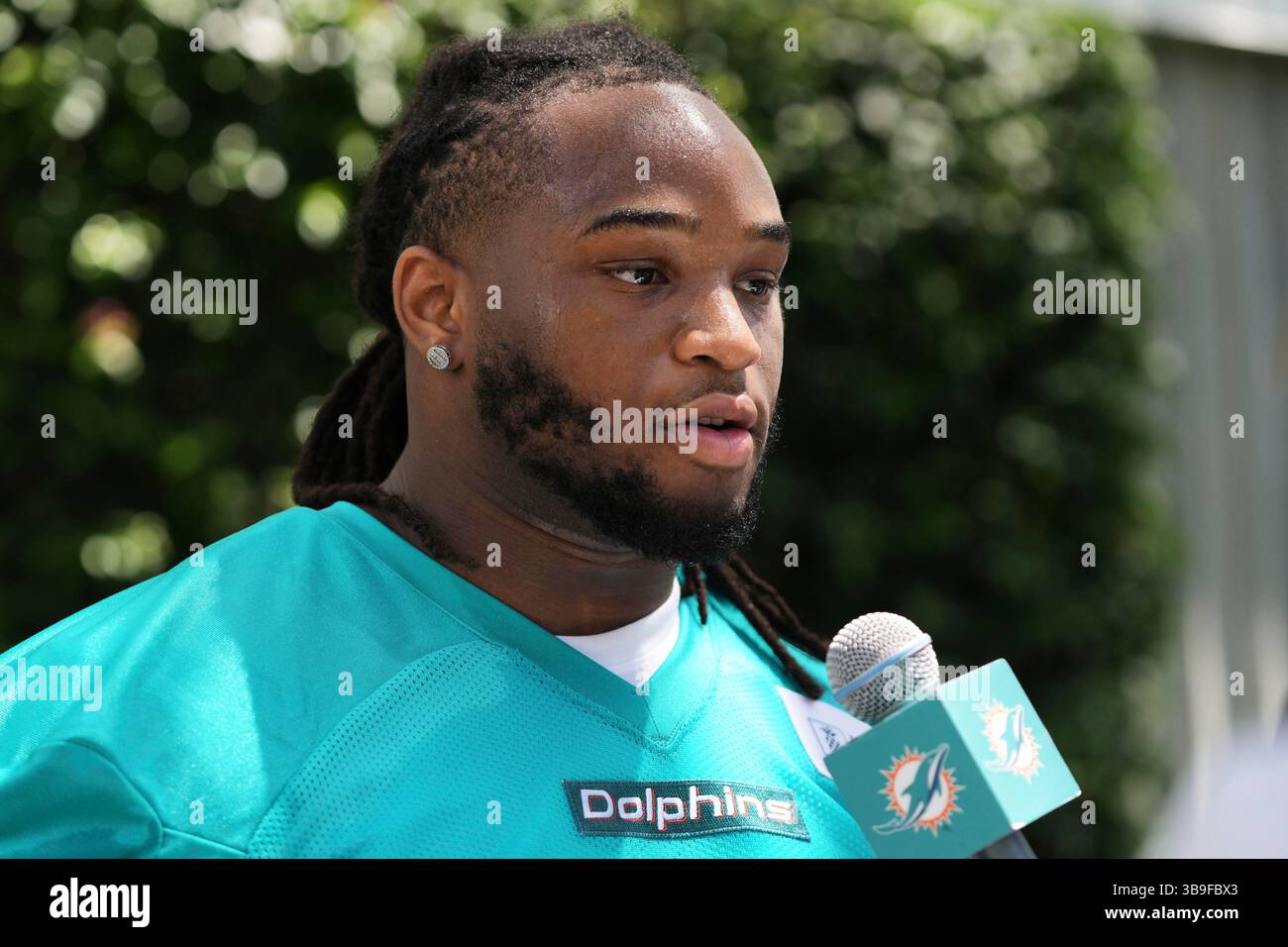 Miami Dolphins defensive tackle Jordan Phillips is interviewed during ...