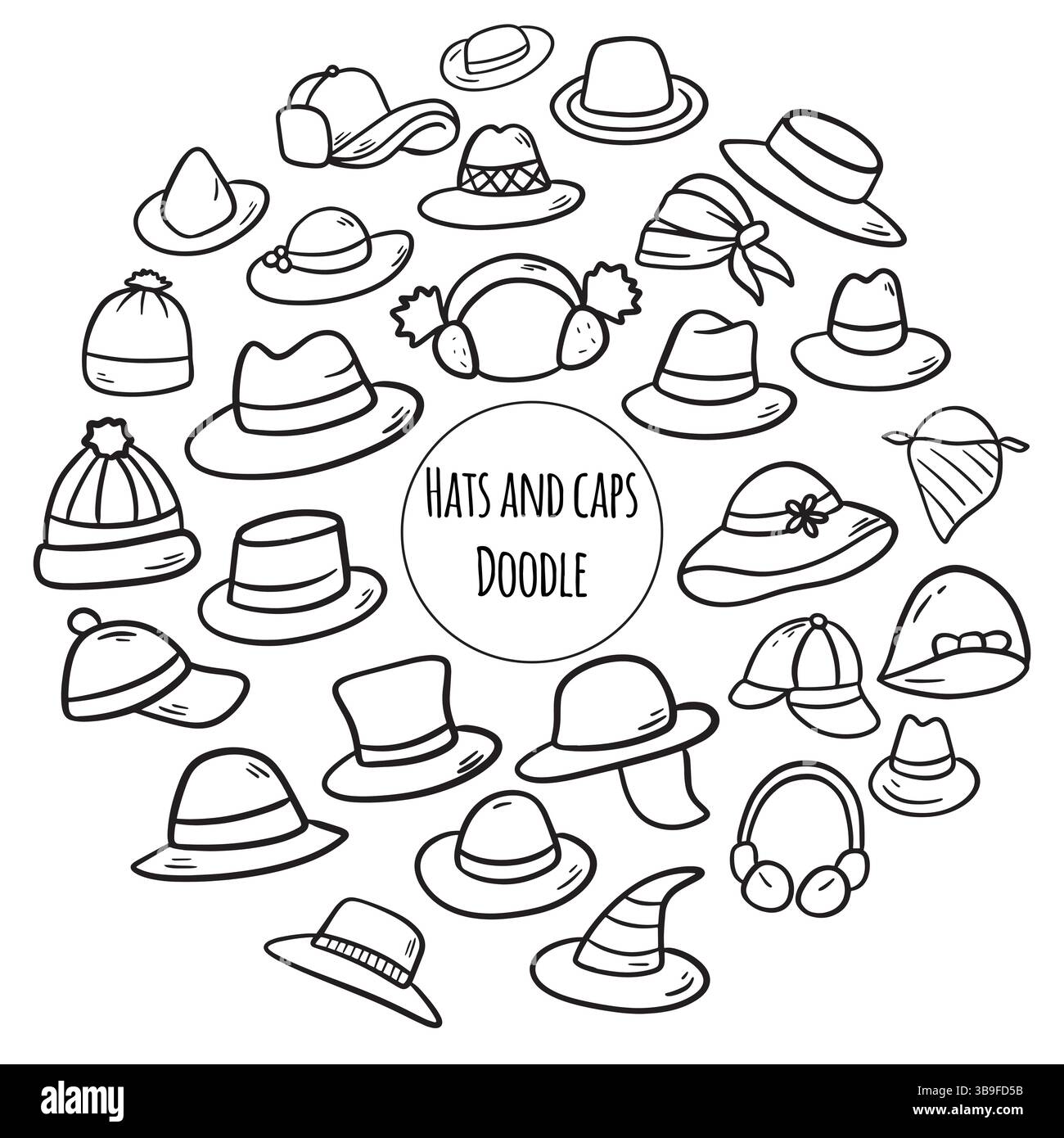 Hats and caps doodle illustration. Thin line art about clothes. Hand ...