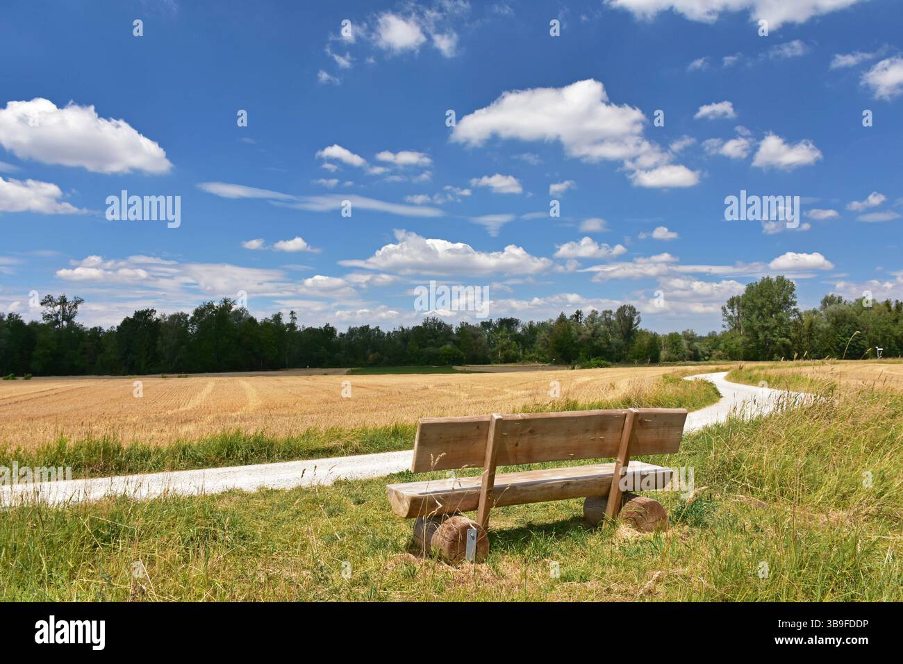 Bench along the path with a view into the Amper valley, Moosburg, Upper ...