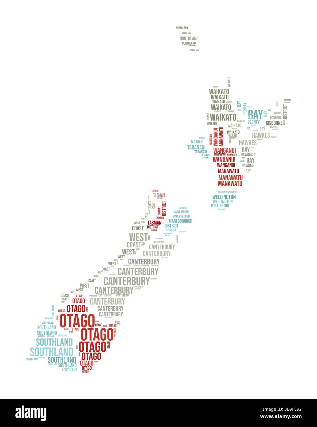 New Zealand Word Cloud. Country shape with region division. New Zealand ...