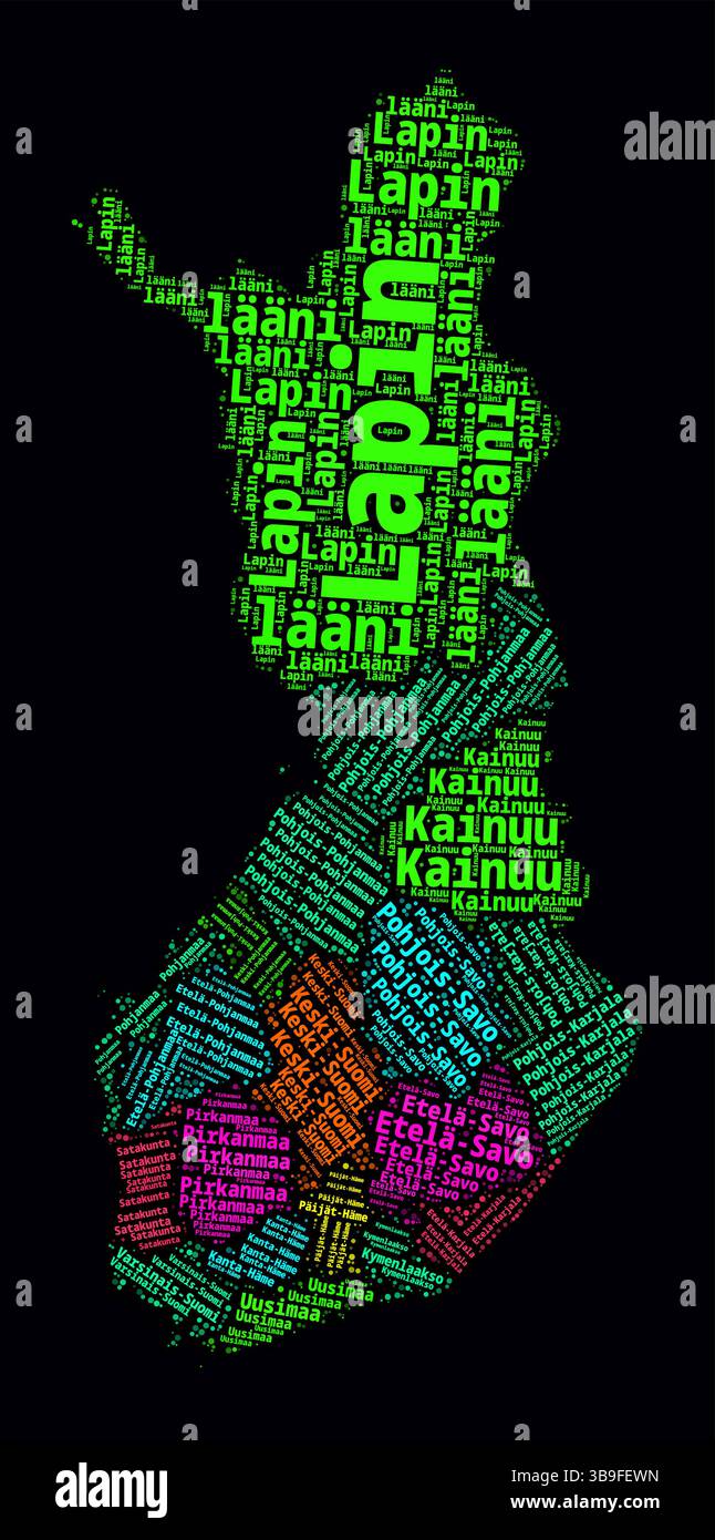 Finland Regions Word Clouds. Bright neon style design on a dark ...