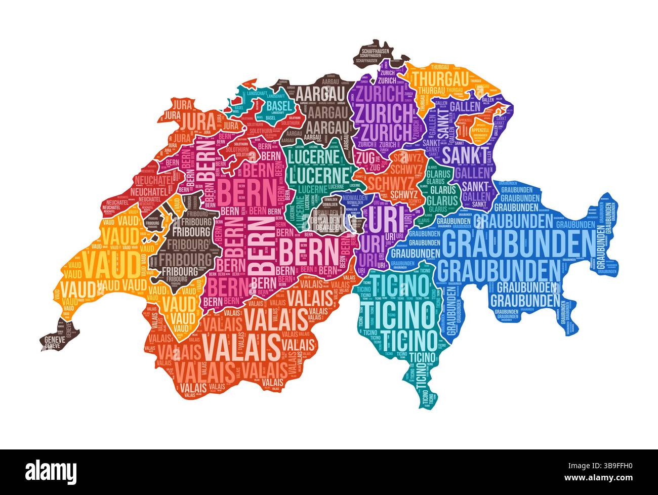 Switzerland shape. Country word cloud with region division. Switzerland ...