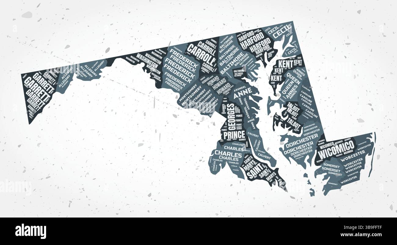 Maryland counties word clouds. State shape on textured background ...