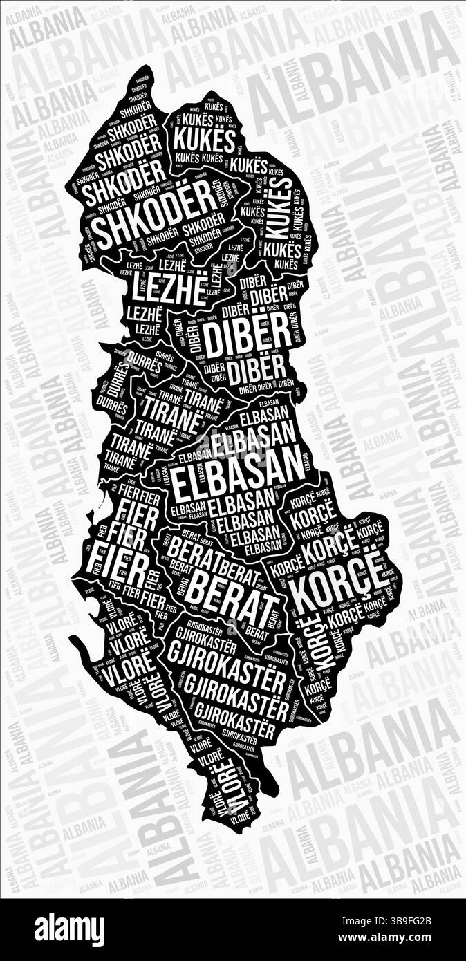 Albania regions map word cloud. Albania region names. Black and white ...