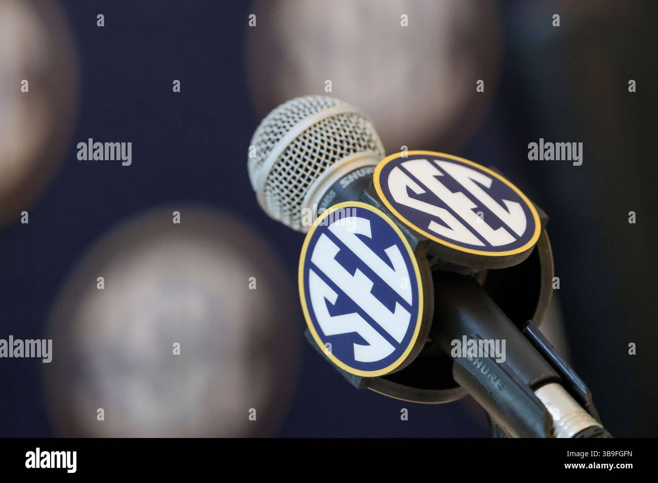 ATHENS, GA - MAY 08: A microphone with an SEC logo on its side is ...