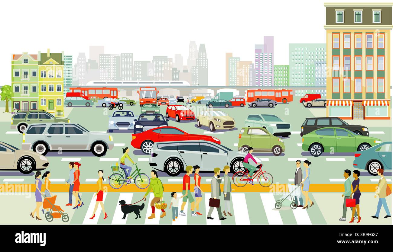 Cars on the crossroads in traffic jam, illustration Stock Photo - Alamy