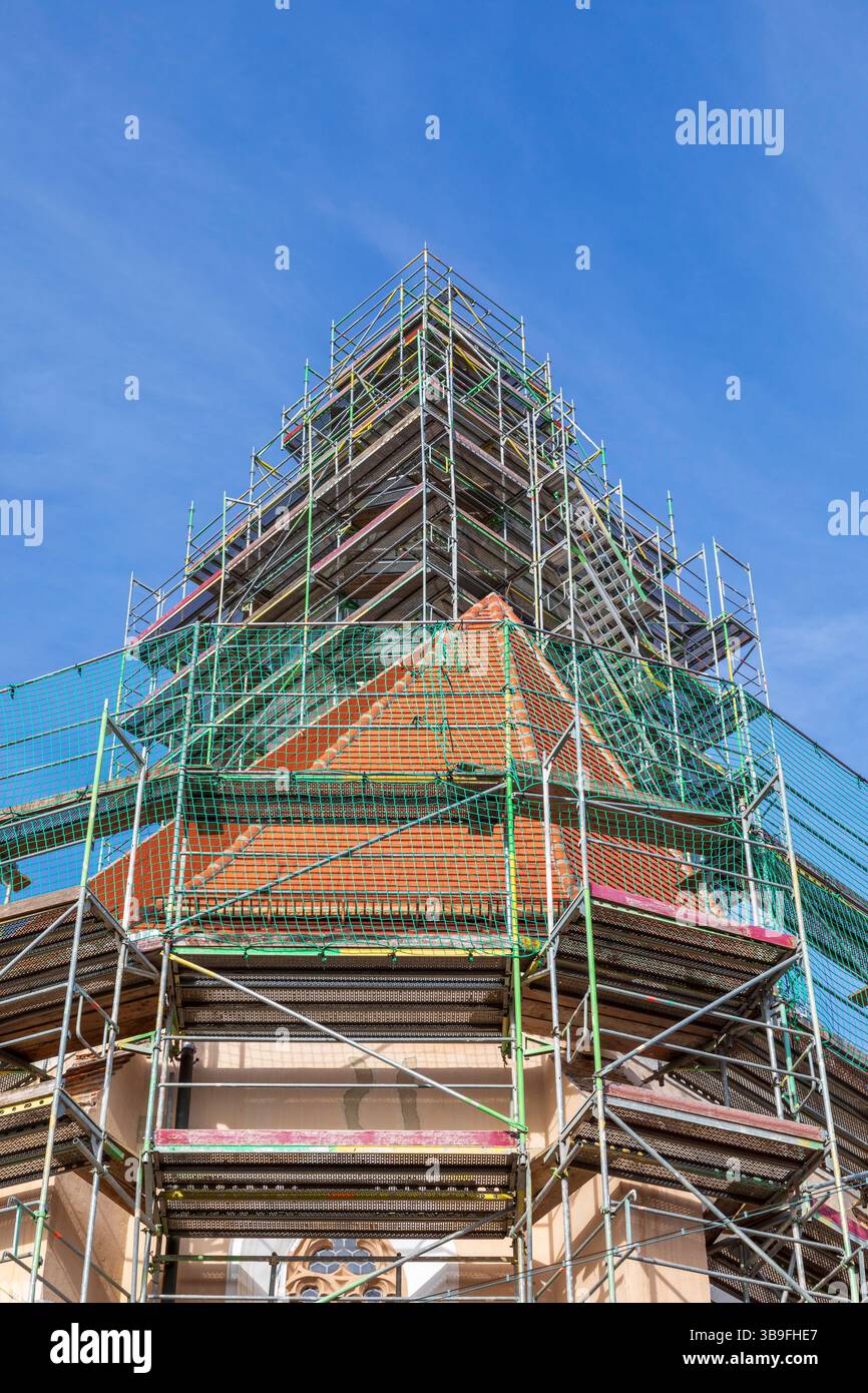 Scaffolding around a church tower for renovation in Bavaria Stock Photo ...