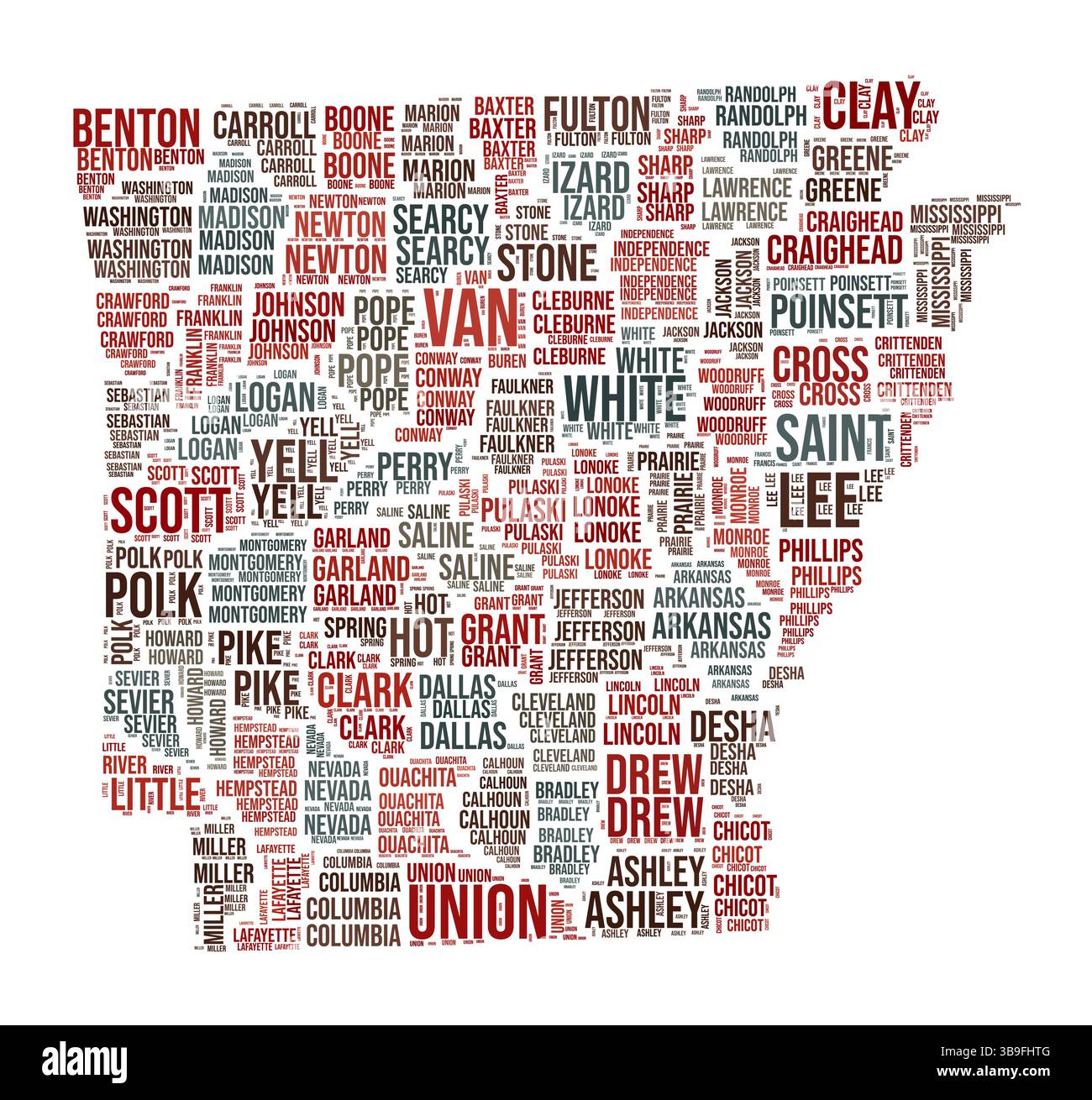 Arkansas Word Cloud. State shape with county division. Arkansas ...