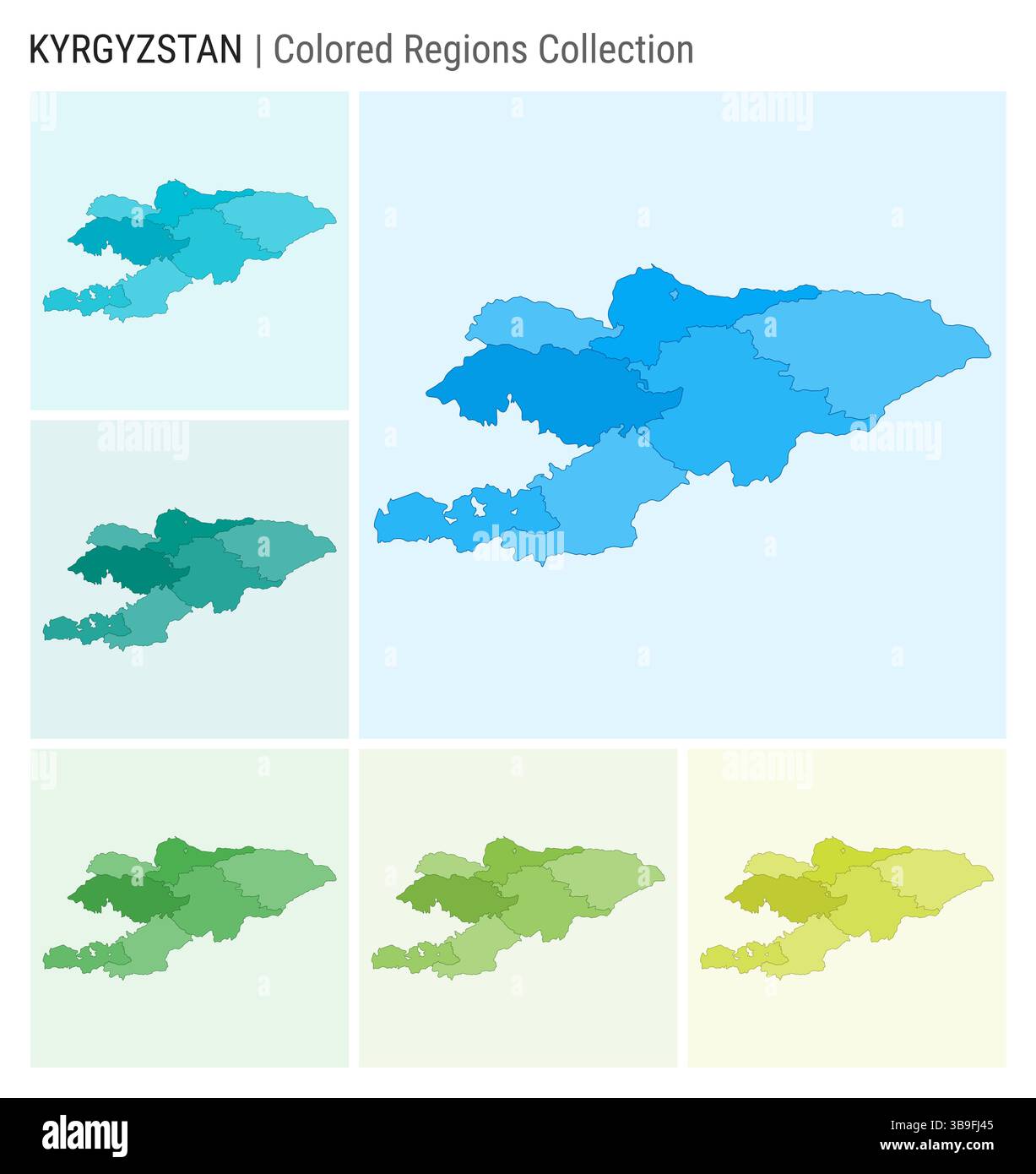 Kyrgyzstan map collection. Country shape with colored regions. Light ...