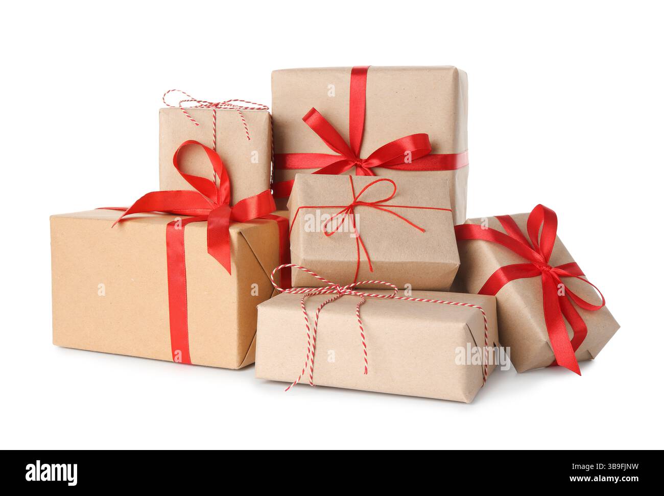 Many gift boxes wrapped in kraft paper isolated on white Stock Photo ...