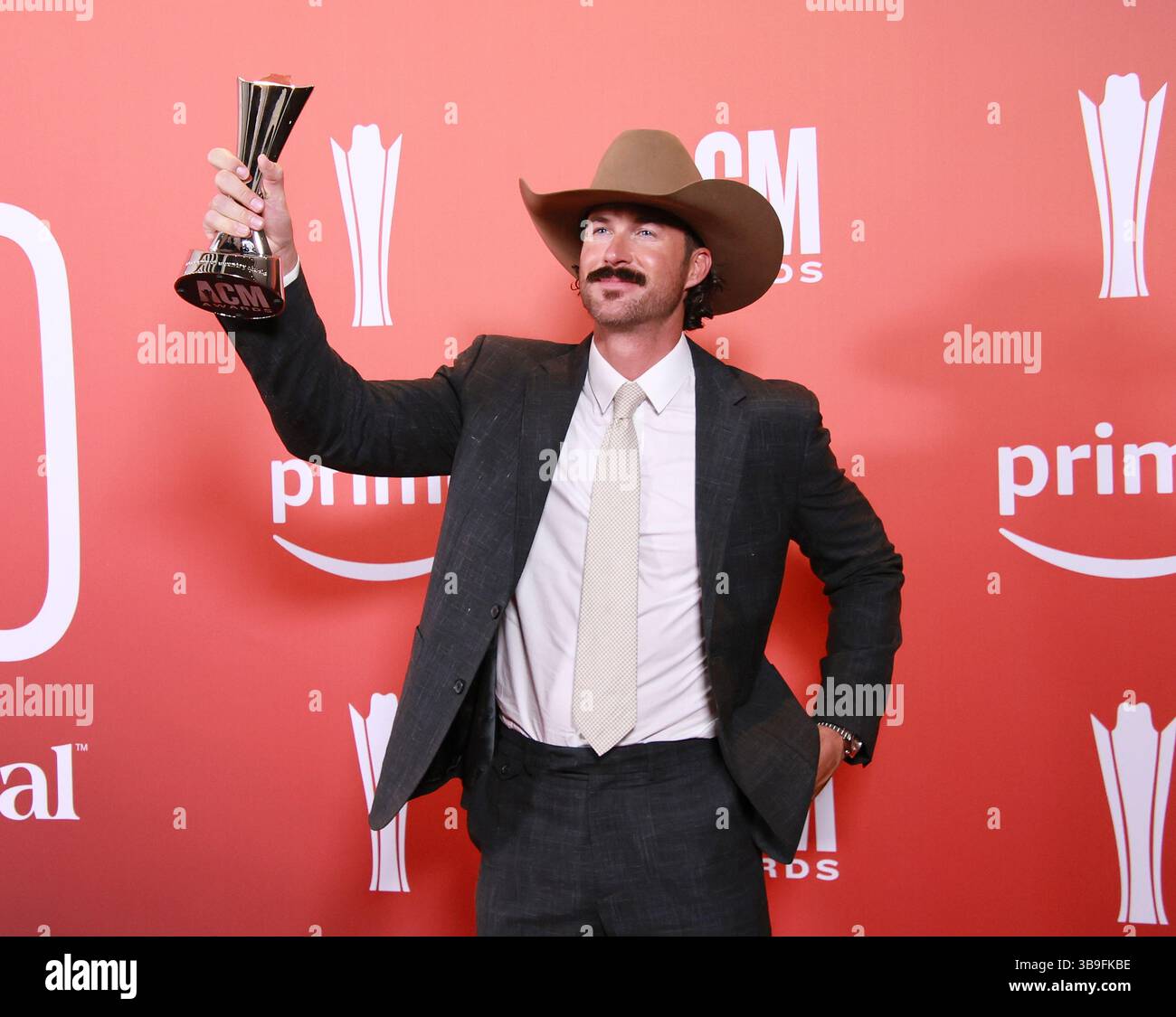 Riley Green poses in the press room during the 60th Academy of Country ...