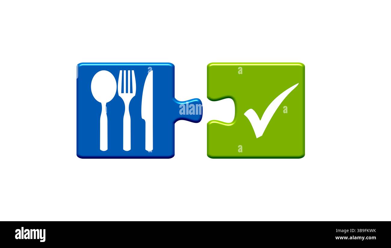 Puzzle button made of two pieces with tick symbol shows cutlery ...
