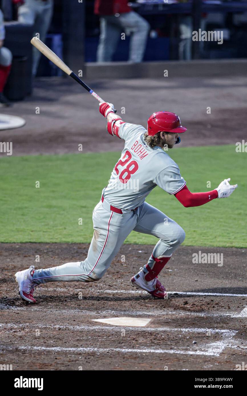 Tampa, FL USA: Philadelphia Phillies third base Alec Bohm (28) reaches ...