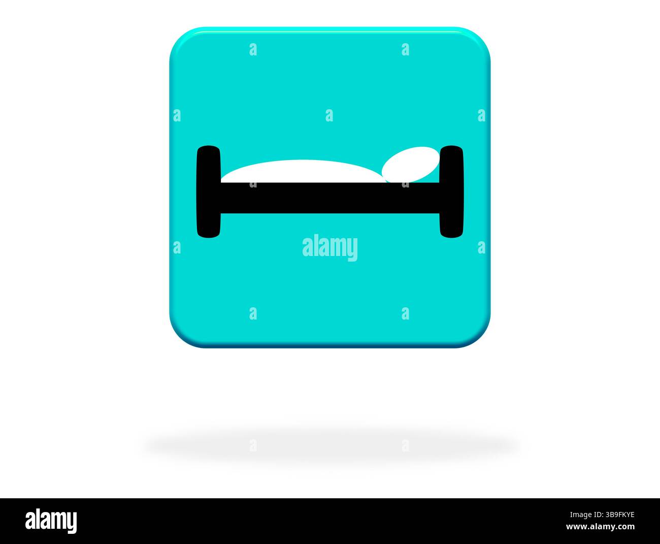 Light blue button with bed icon as symbol for hotel or overnight stay ...